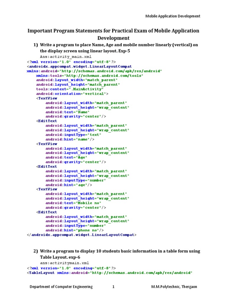 Important Program Statements For Practical Exam of Mobile Application Development | PDF ...
