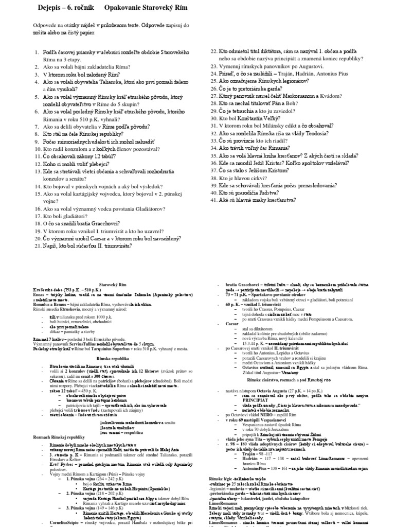 DEJ 6. Roc. Opakovanie Staroveky Rim | PDF
