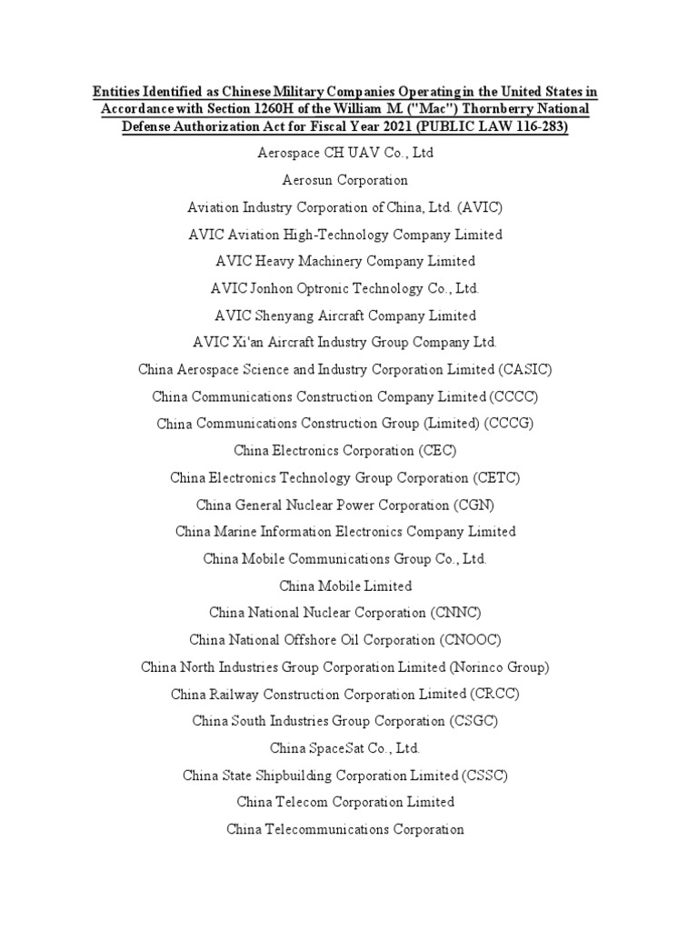 Entities Identified As Chinese Military Companies Operating in The Us ...