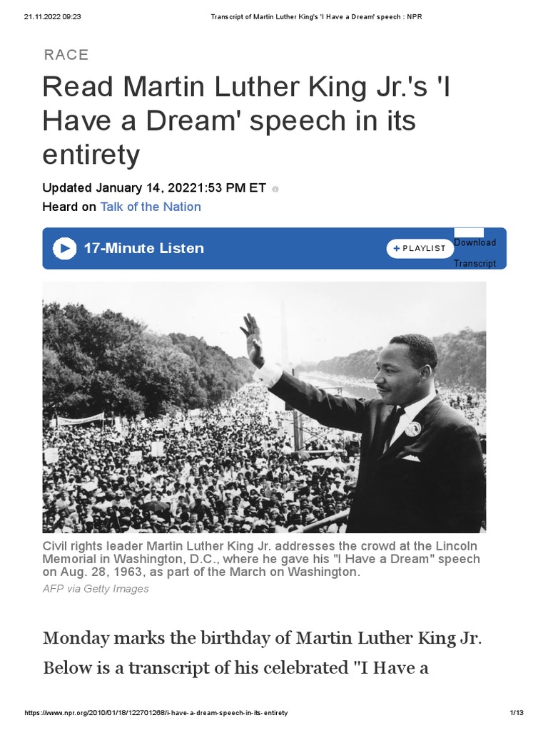 MLK's "I Have a Dream" Speech Transcript | PDF | Martin Luther King Jr.