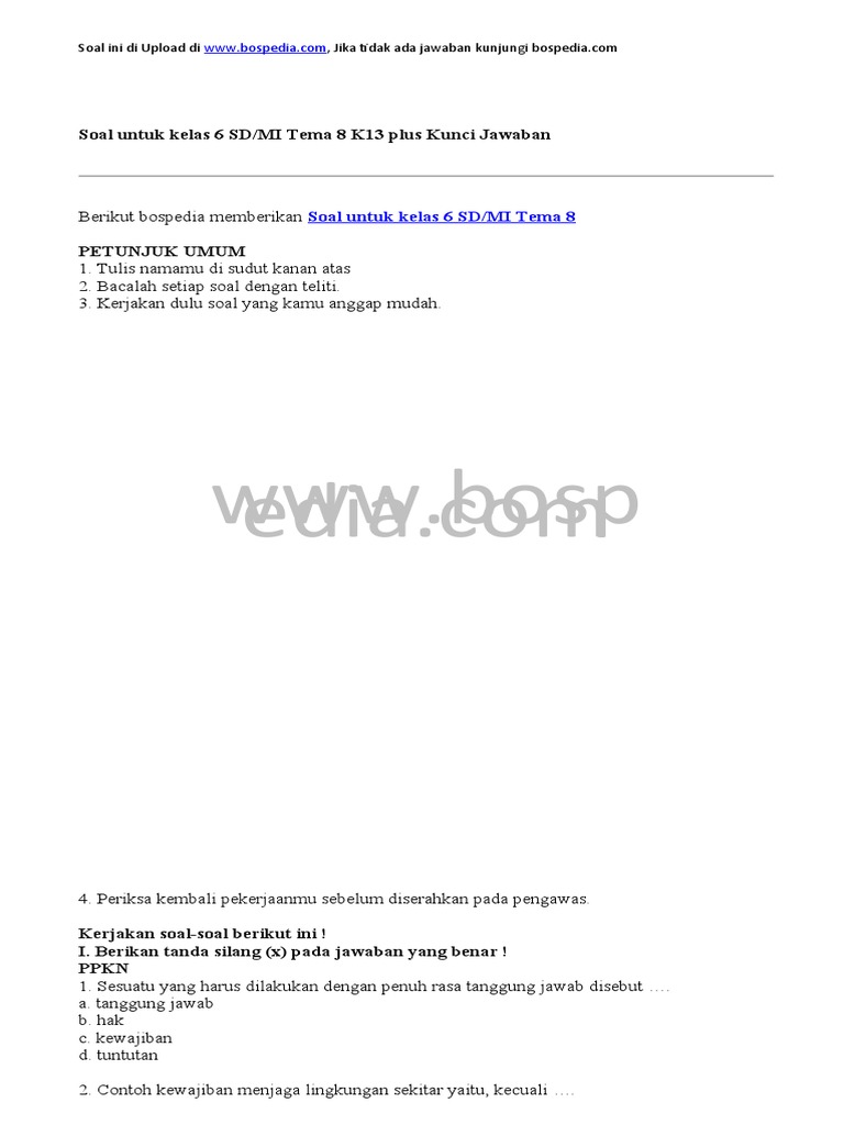 30+ Contoh Soal UAS PAS Untuk Kelas 6 SD MI Tema 8 K13 Plus Kunci Jawaban | PDF