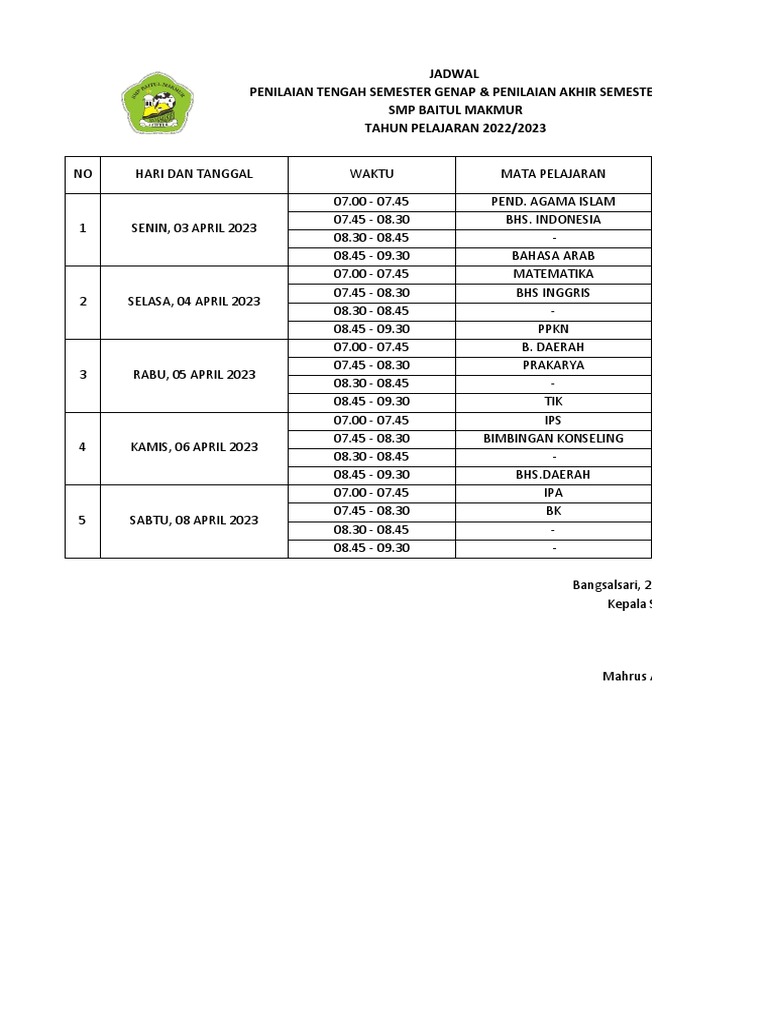JADWAL PAS SMP | PDF