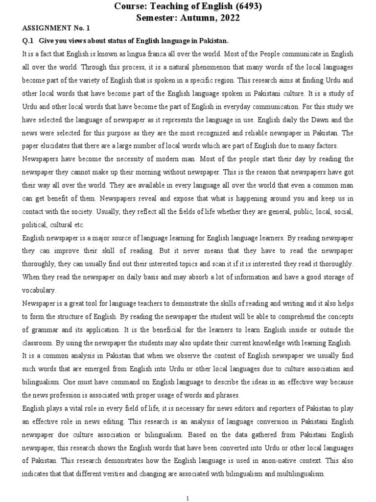 Assignment No. 1 Q.1 Give You Views About Status of English Language in ...