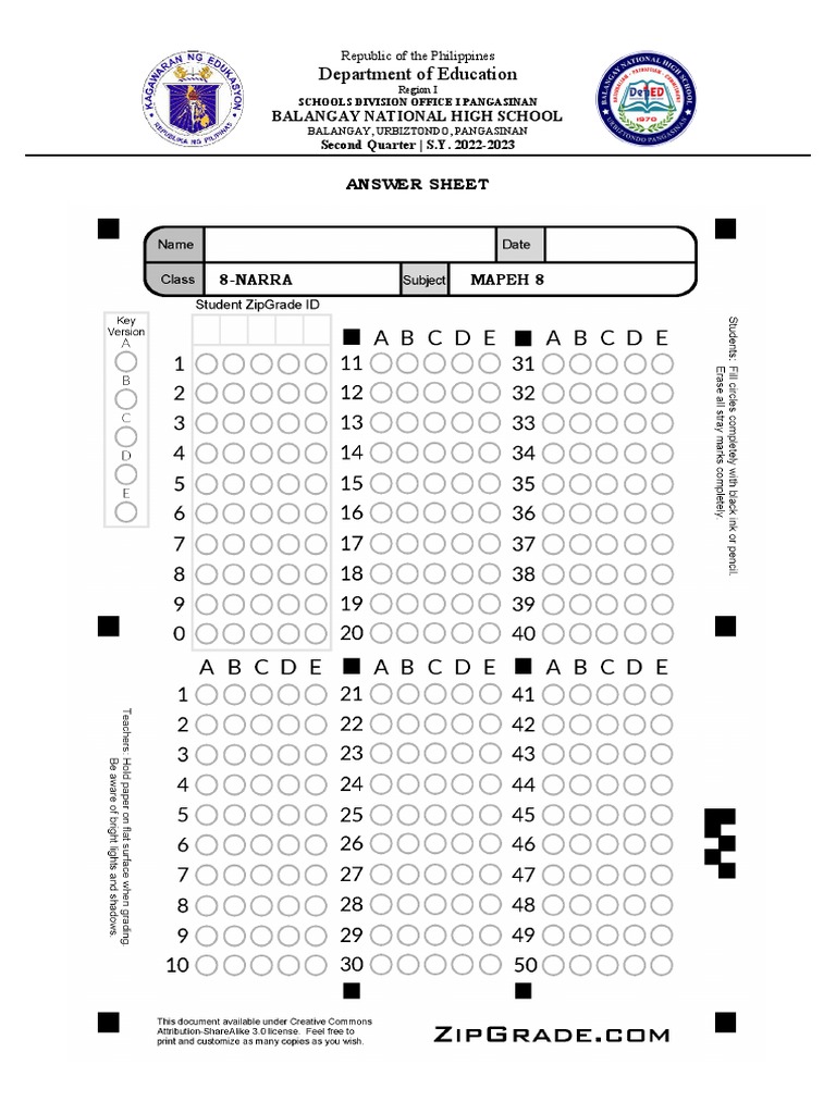 ZipGrade Answer Sheets | PDF