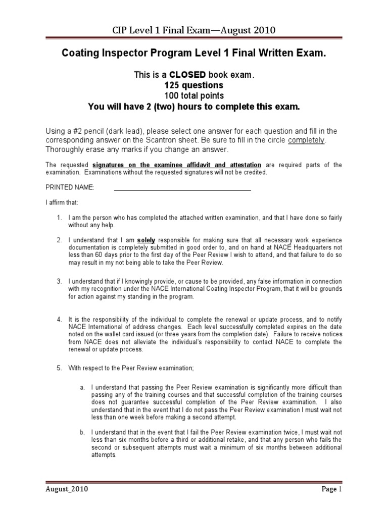 CIP 1 Exam August 2010 | PDF | Corrosion | Materials Science