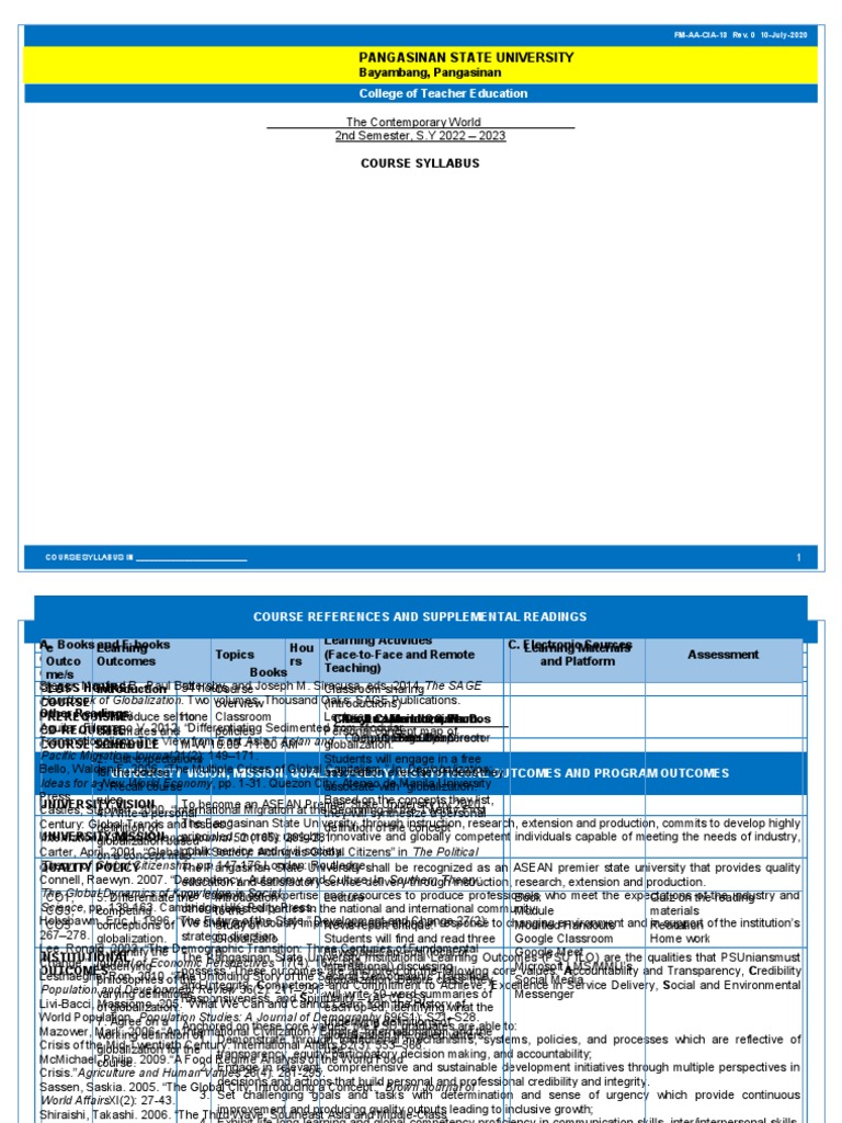 Ge 5 Syllabus Contemporary World | PDF | World Systems Theory | Cognition