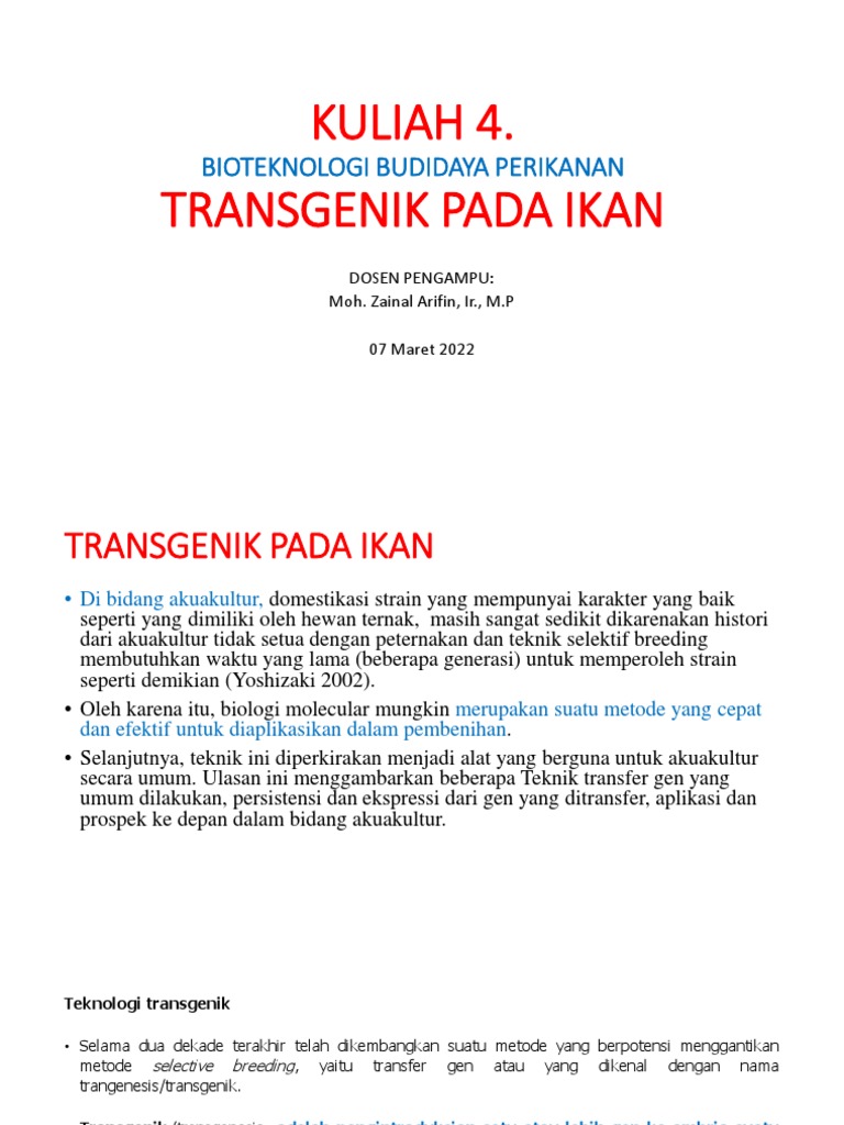 Kuliah 4. Transgenik Pada Ikan: Bioteknologi Budidaya Perikanan | PDF