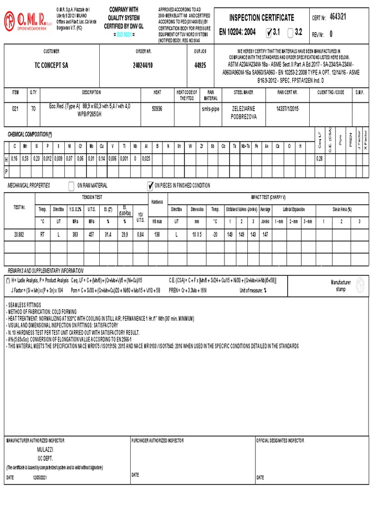 Chemical and Mechanical Analysis Certificate for Seamless Steel ...
