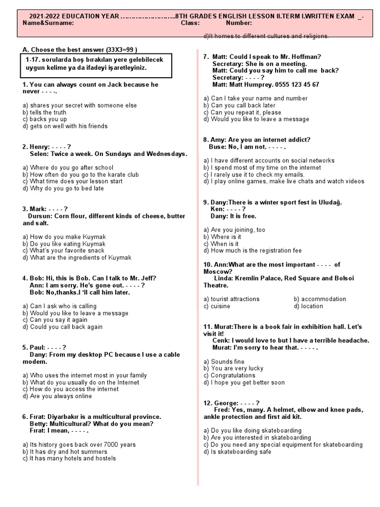 8th Grade English Exam Questions | PDF