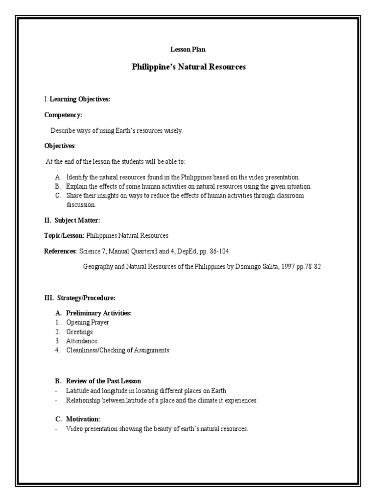 Lesson Plan Philippines Natural Resources | PDF | Nature | Earth Sciences