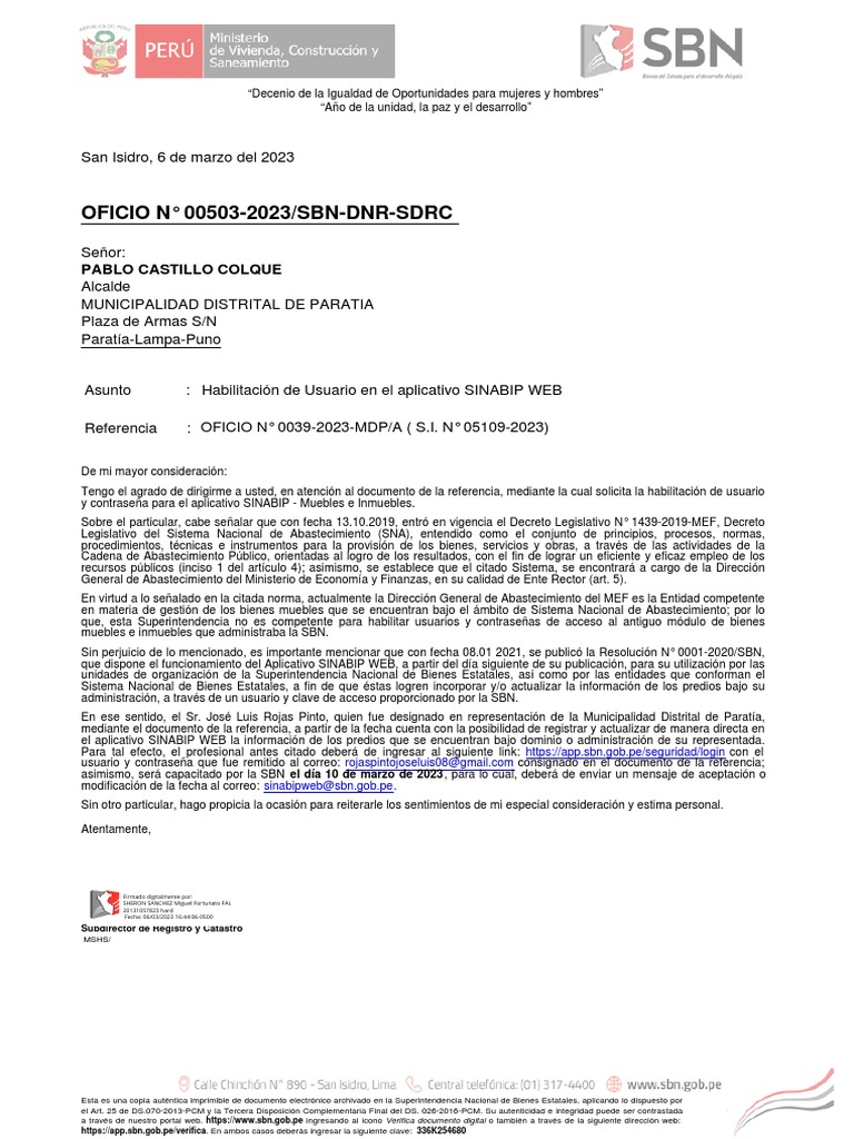 Oficio 00503-2023-SBN-DNR-SDRC | PDF