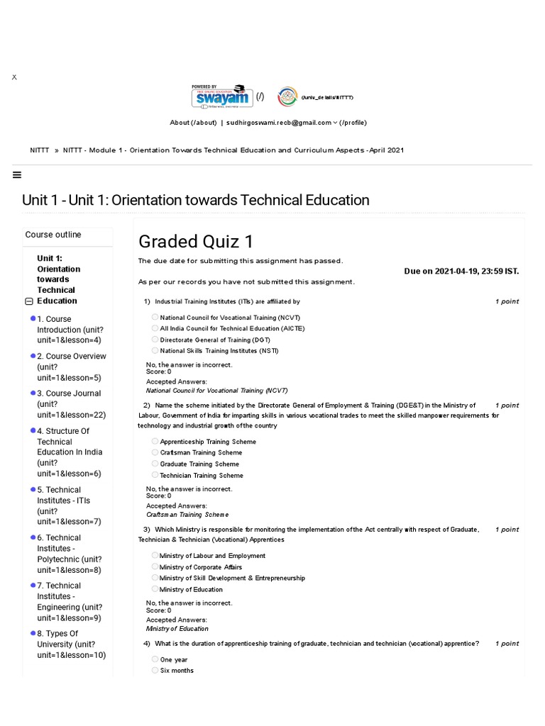Graded Quiz 1: Unit 1 - Unit 1: Orientation Towards Technical Education | PDF | Curriculum ...