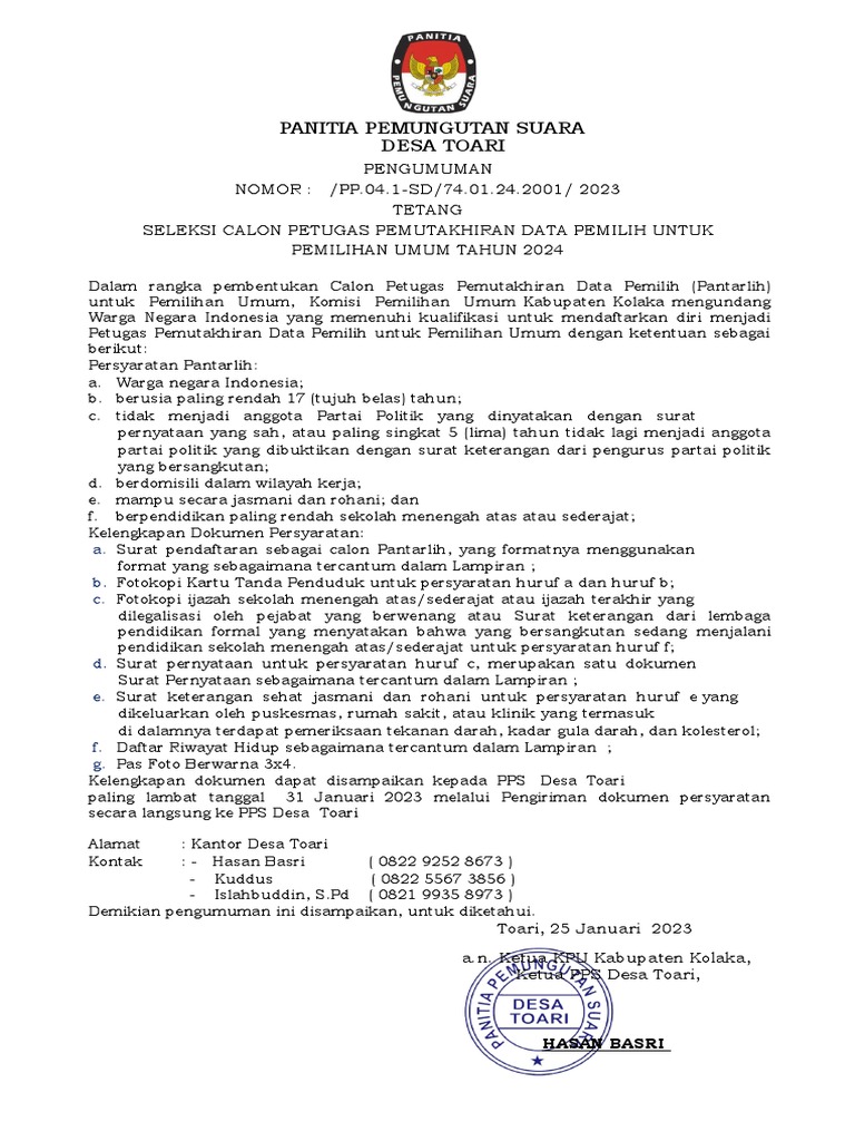 Pengumuman Pantarlih 2024 | PDF