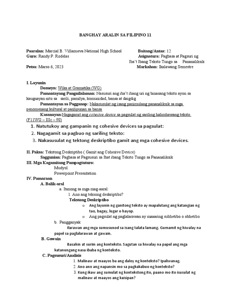 Banghay-Aralin-Sa-Filipino-11 | PDF