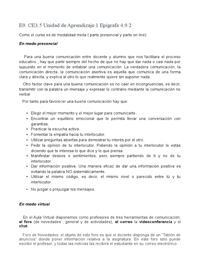 E9. CE3.5 Unidad de Aprendizaje 1 Epígrafe 4.9.2: en Modo Presencial | PDF | Comunicación | Chat ...