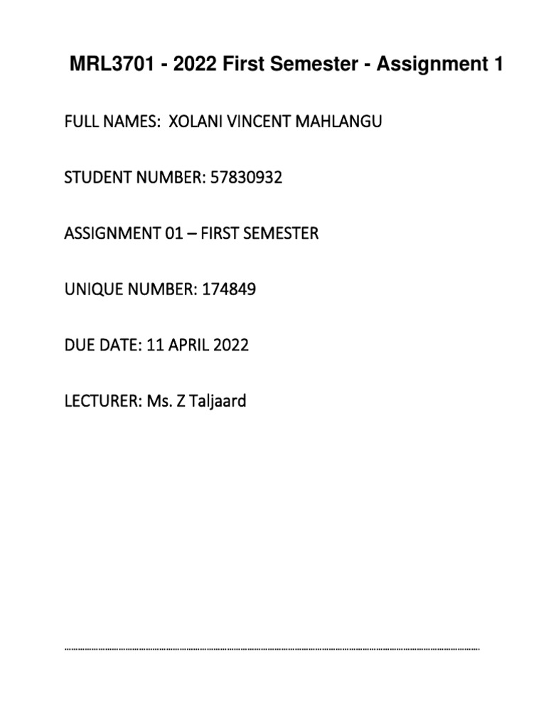 MRL3701 - 2022 First Semester - Assignment 1 | PDF | Insolvency | Academic Dishonesty