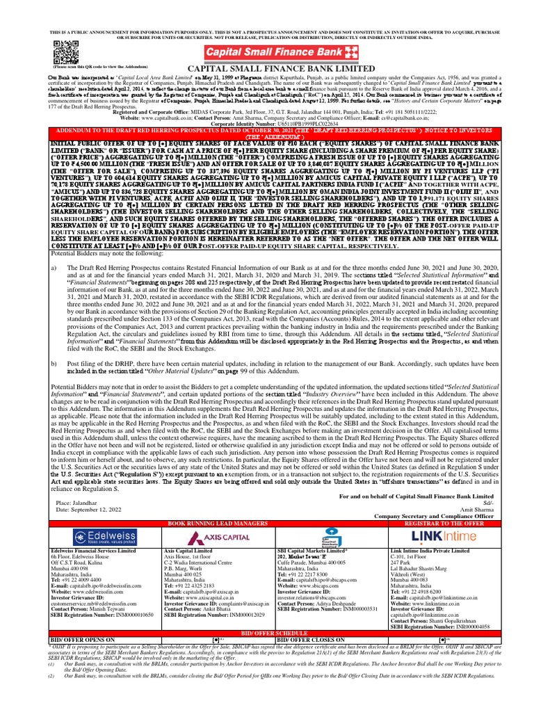 Capital Small Finance Bank IPO Addendum | PDF | Stocks | Deposit Account