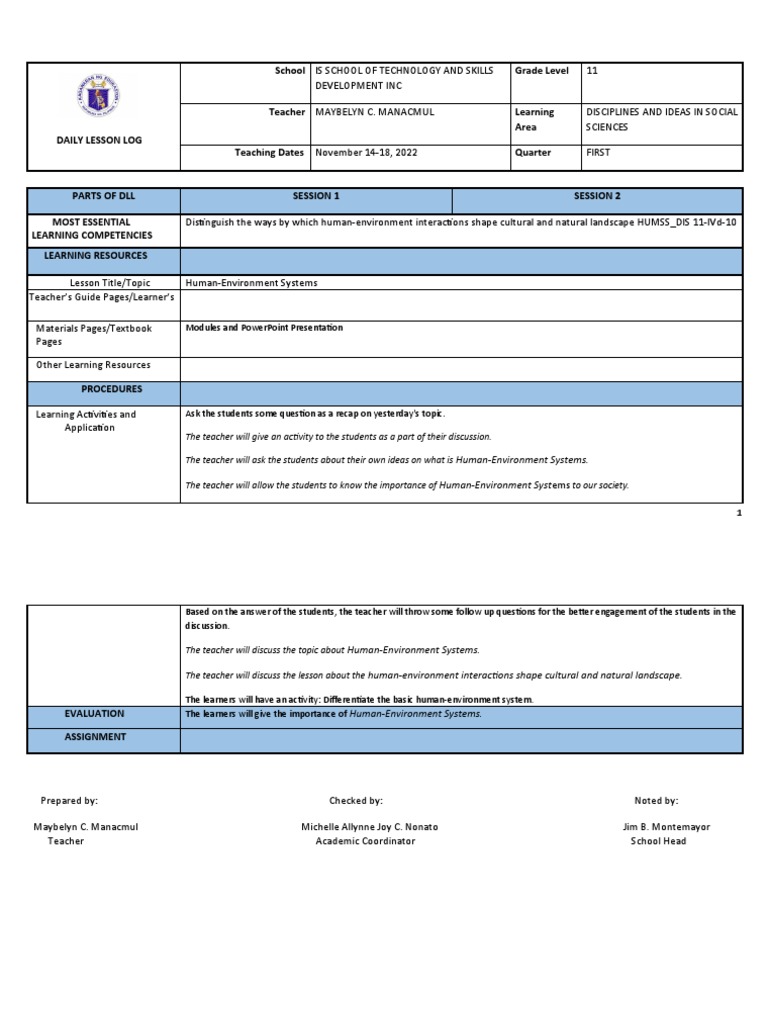 DLL - Diss - Week 10 | PDF | Teachers | Learning