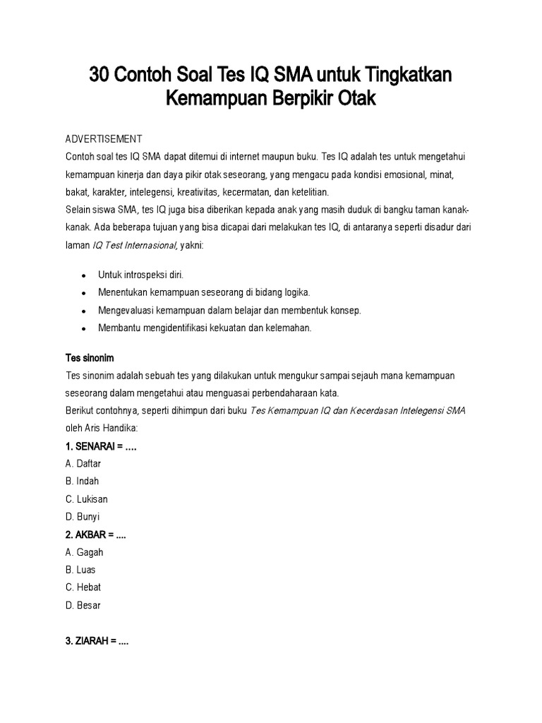 Contoh Soal Tes IQ untuk SMA | PDF | Ilmu Sosial | Kajian Bahasa Asing