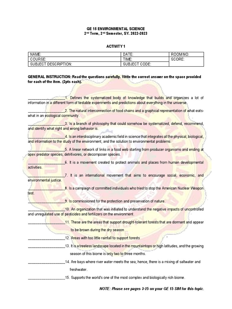 Ge 15 Environmental Science 2 Term, 2 Semester, SY. 2022-2023 Activity ...