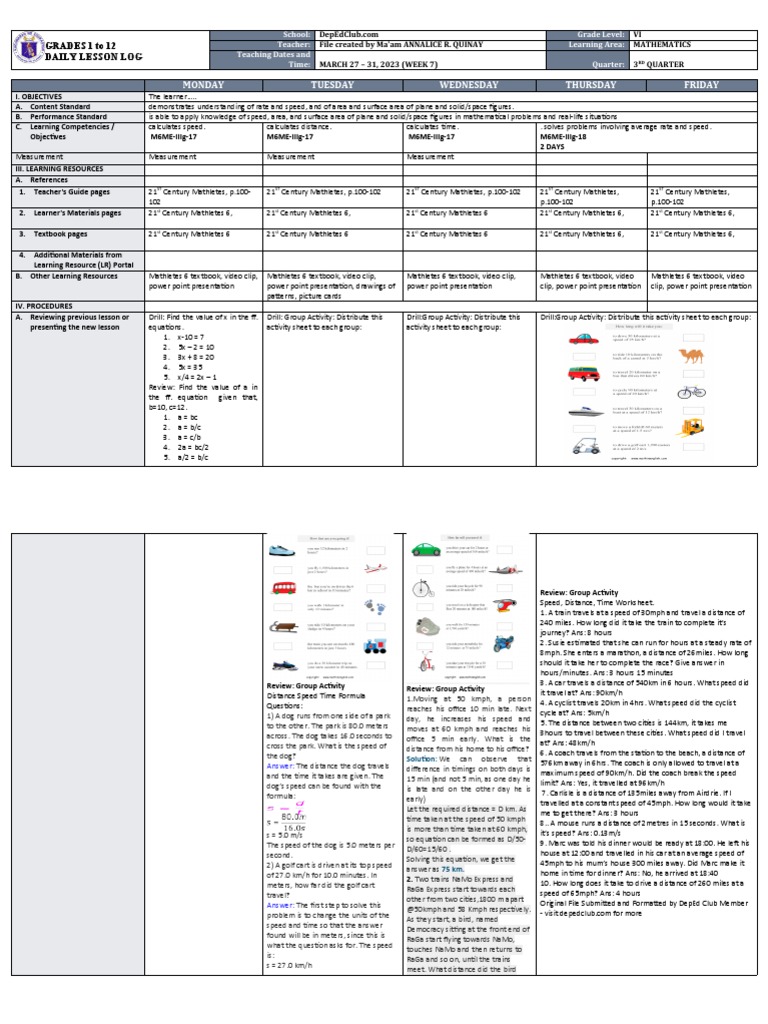 DLL - Mathematics 6 - Q3 - W7 | PDF | Speed | Time