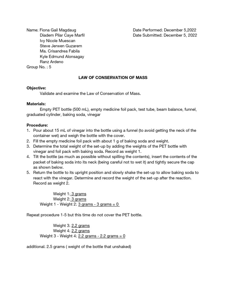 Law of Conservation of Mass Experiment 3 | PDF | Weight | Chemistry