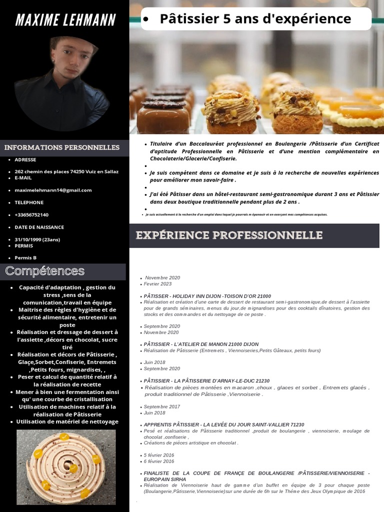 CV Pâtissier avec 5 ans d'expérience | PDF | Cuisson | Produits de ...