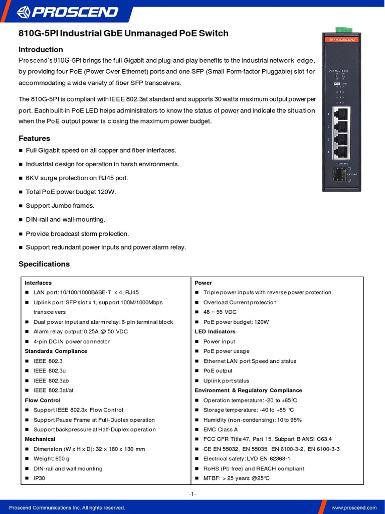810G-5PI-Industrial Unmanaged Switch - Jan 2023 | PDF | Computer Standards | Computing