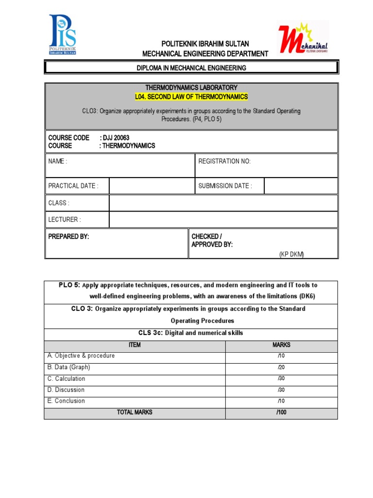 Analysis of a Mechanical Engineering Student's Thermodynamics Laboratory Report on the Second ...