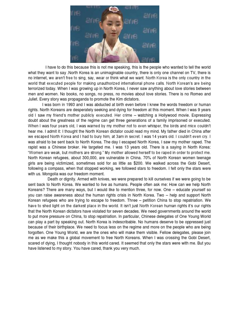 Transcript of North Korean Girl Yeonmi Park | PDF | North Korea | World ...