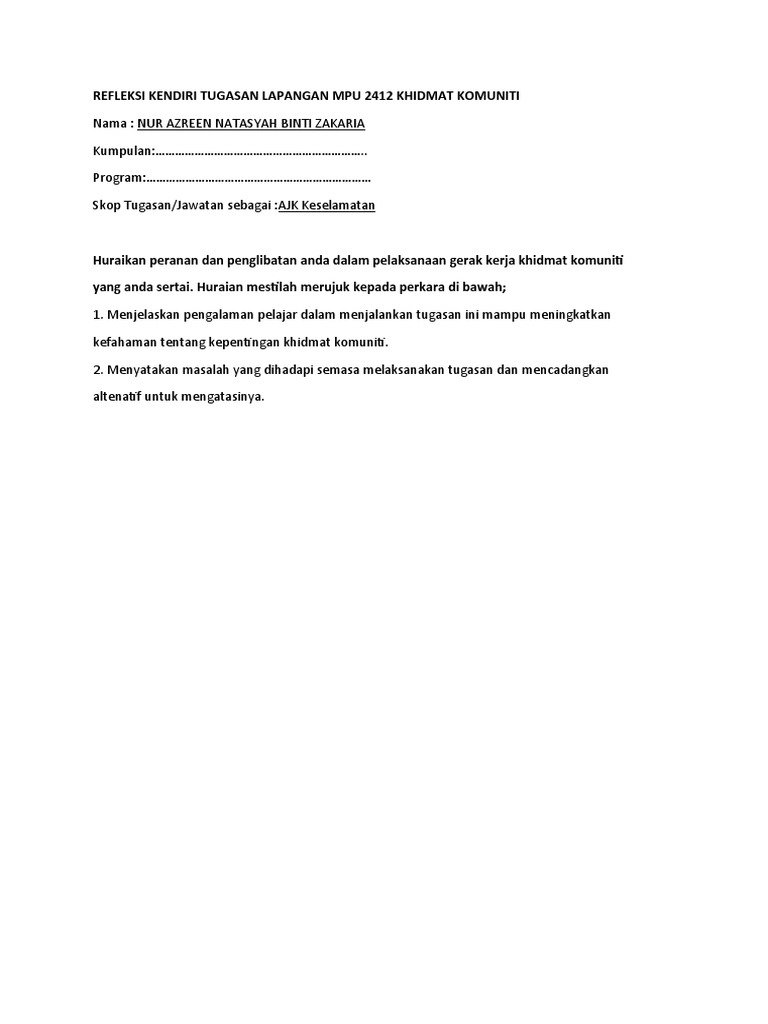 Refleksi Kendiri Tugasan Lapangan Mpu 2412 Khidmat Komuniti | PDF
