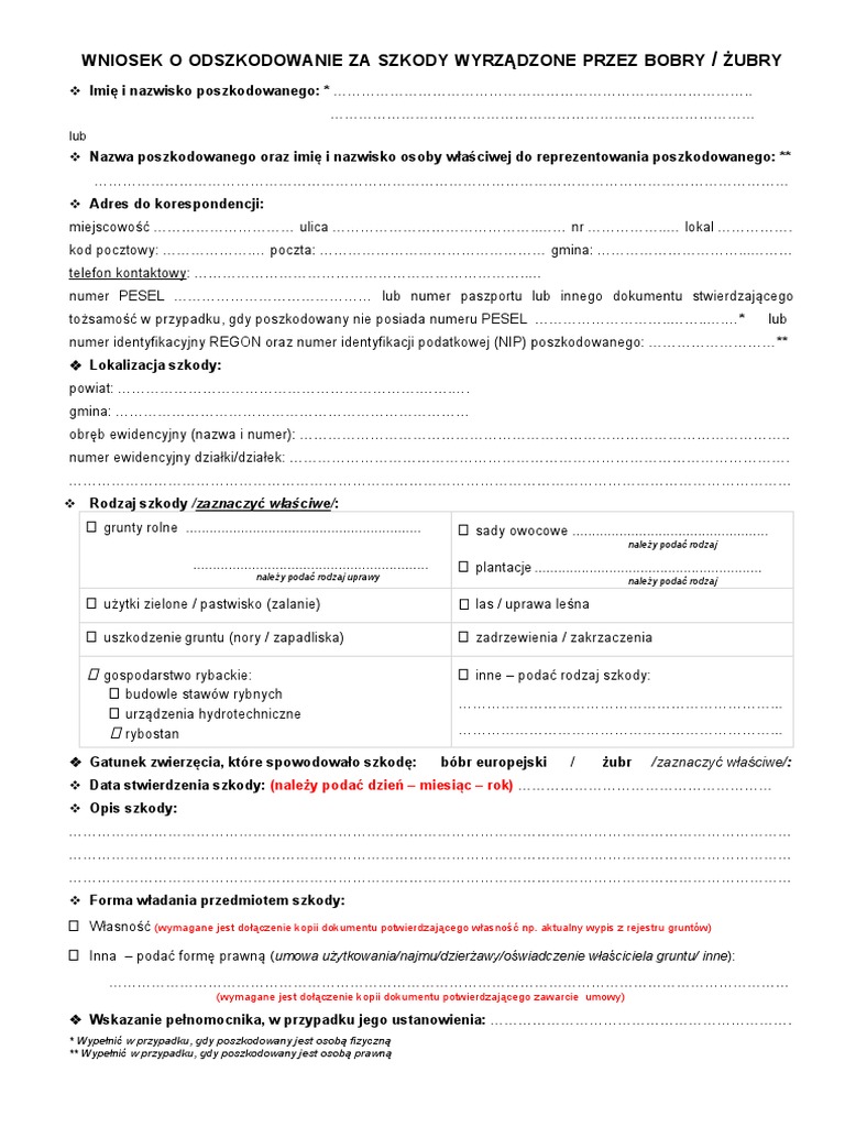Wniosek o Odszkodowanie Za Szkody Wyrzadzone Przez Bobry I Zubry Maj 2022 | PDF