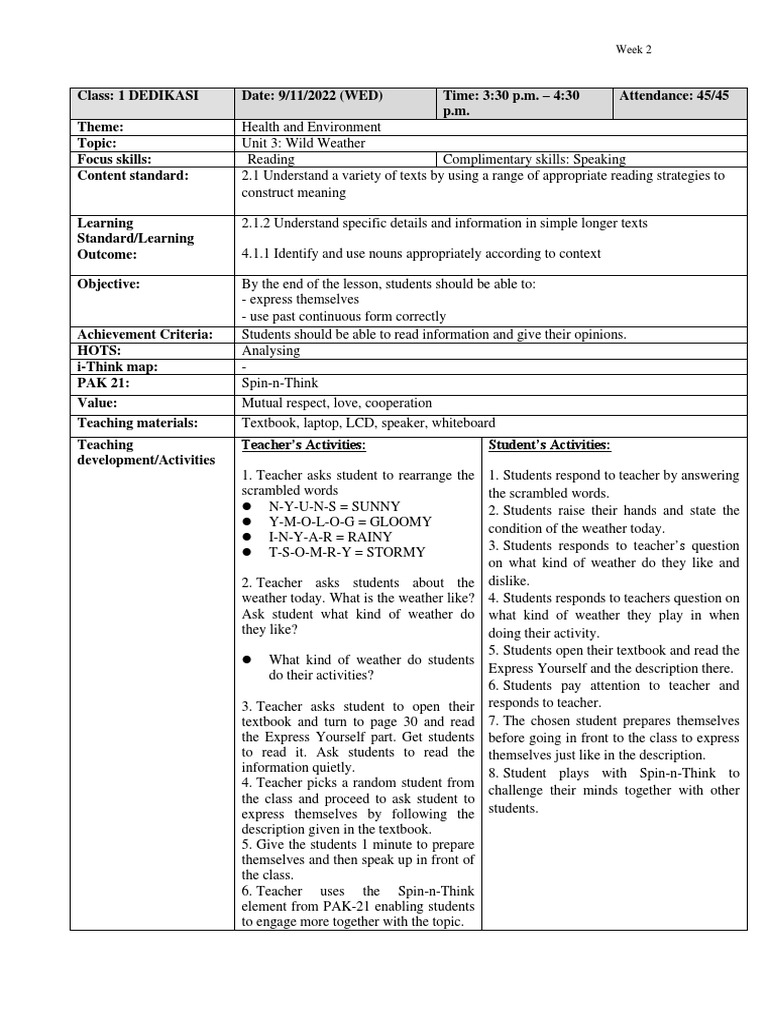 Form 1 English Lesson Plan | PDF | Teachers | Question