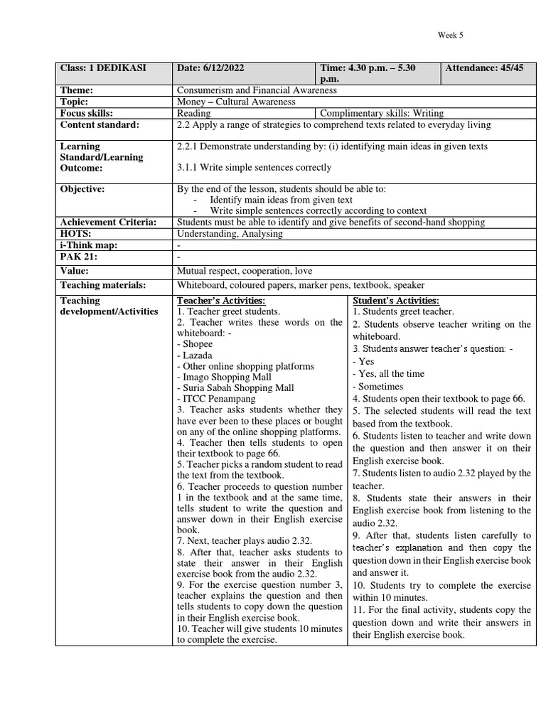 Form 1 English Lesson Plan | PDF