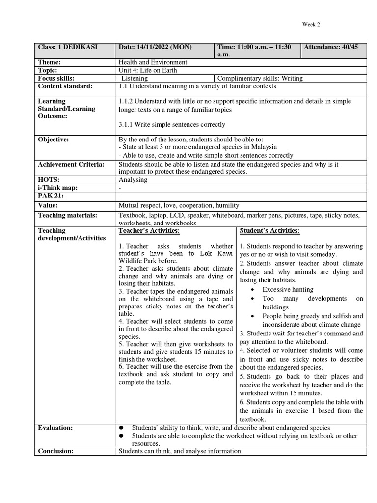 Form 1 English Lesson Plan | PDF | Teachers | Cognition