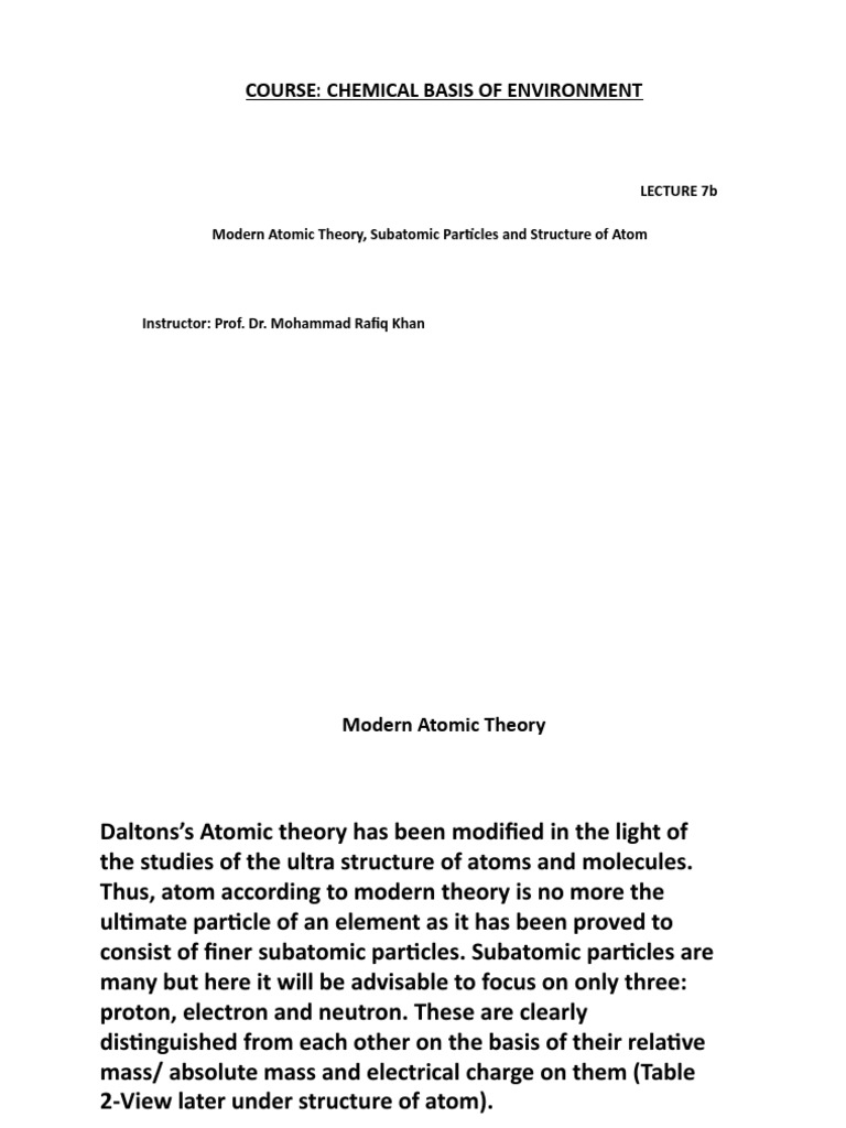 7b Modern Atomic Theory, Subatomic Particles and Structure of Atom ...
