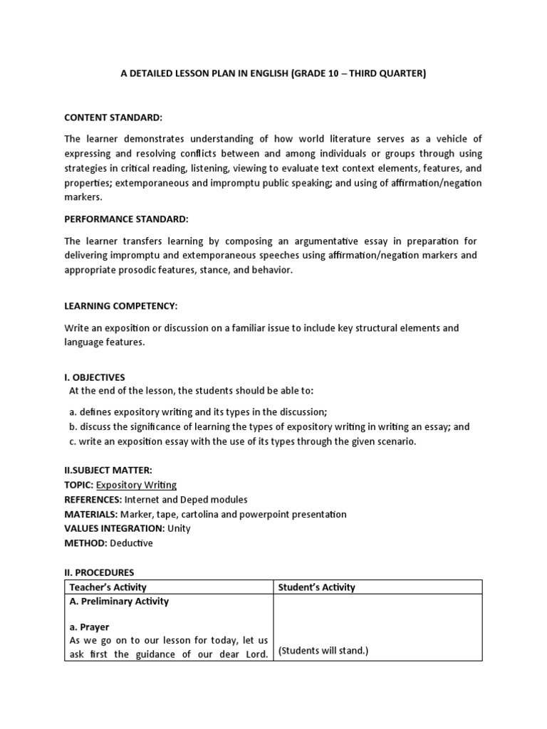 A Detailed Lesson Plan in English Grade 10 | PDF | Essays | Taste