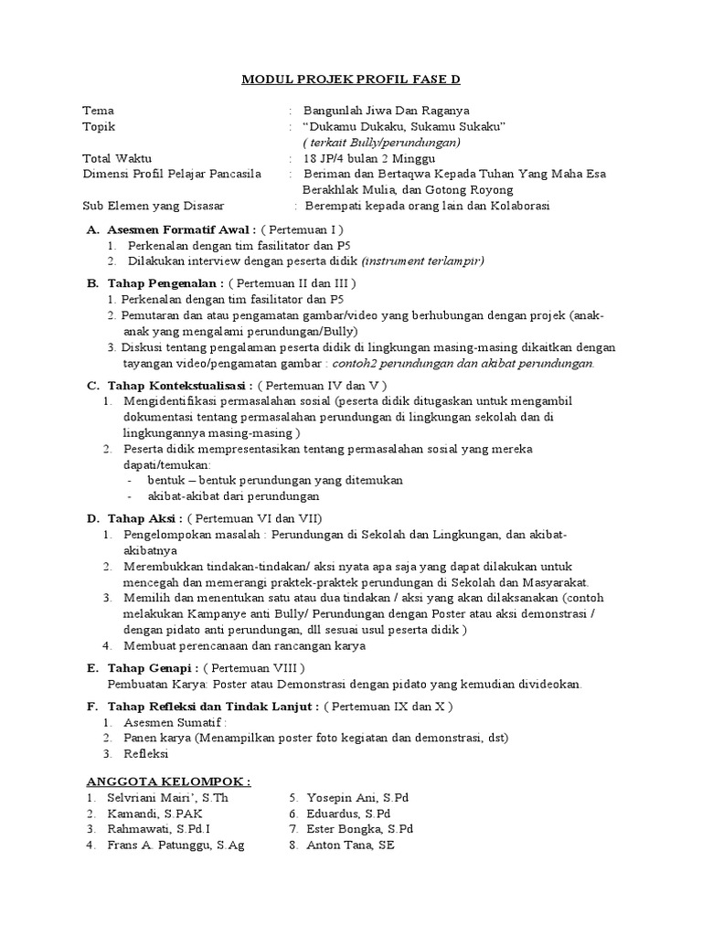 MODUL PROJEK PROFIL FASE D Tema BANGUNLAH JIWA DAN RAGANYA | PDF