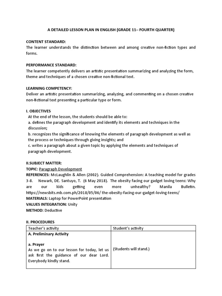 A Detailed Lesson Plan in English | PDF | Paragraph | Learning