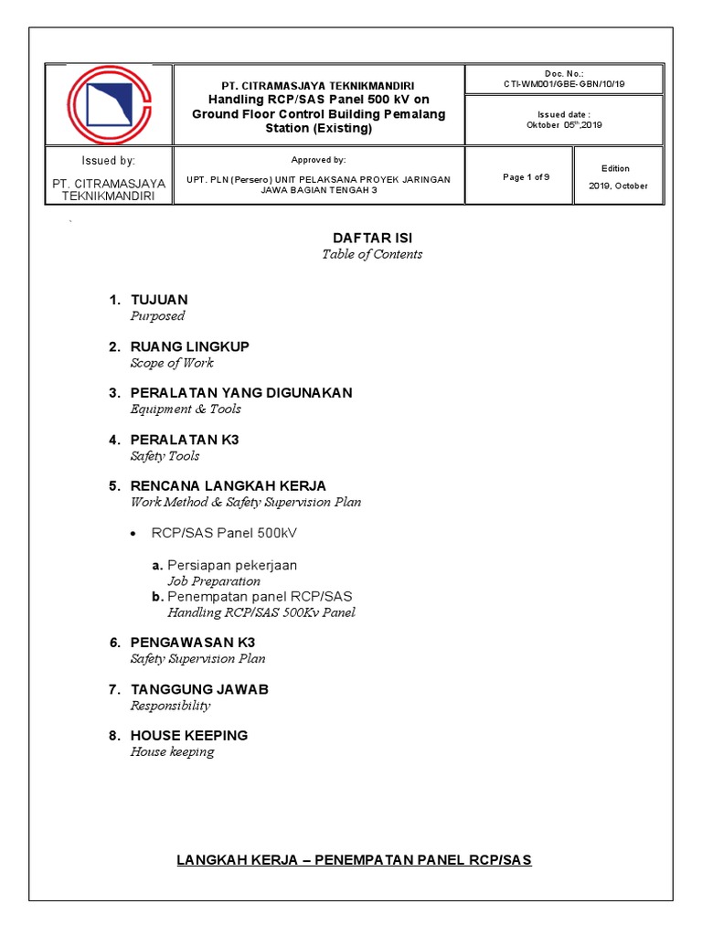 Work Method Handling Panel RCP SAS 500kV Rev.. | PDF