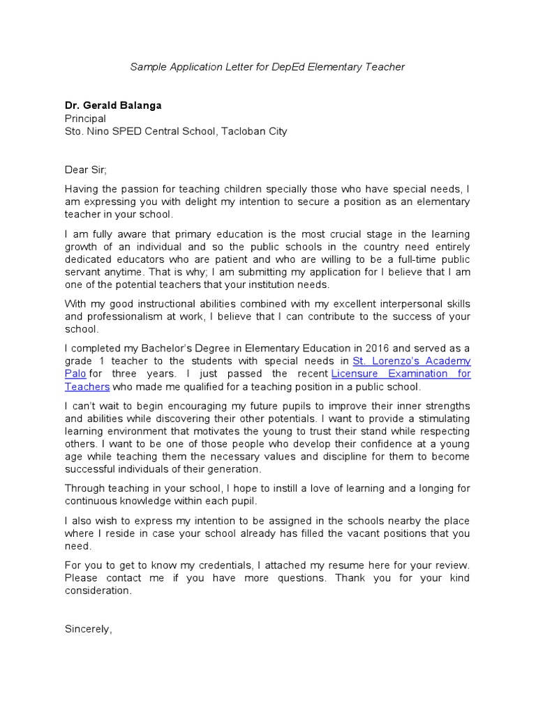 Sample Application Letter (Teacher) | PDF | Teachers | Schools