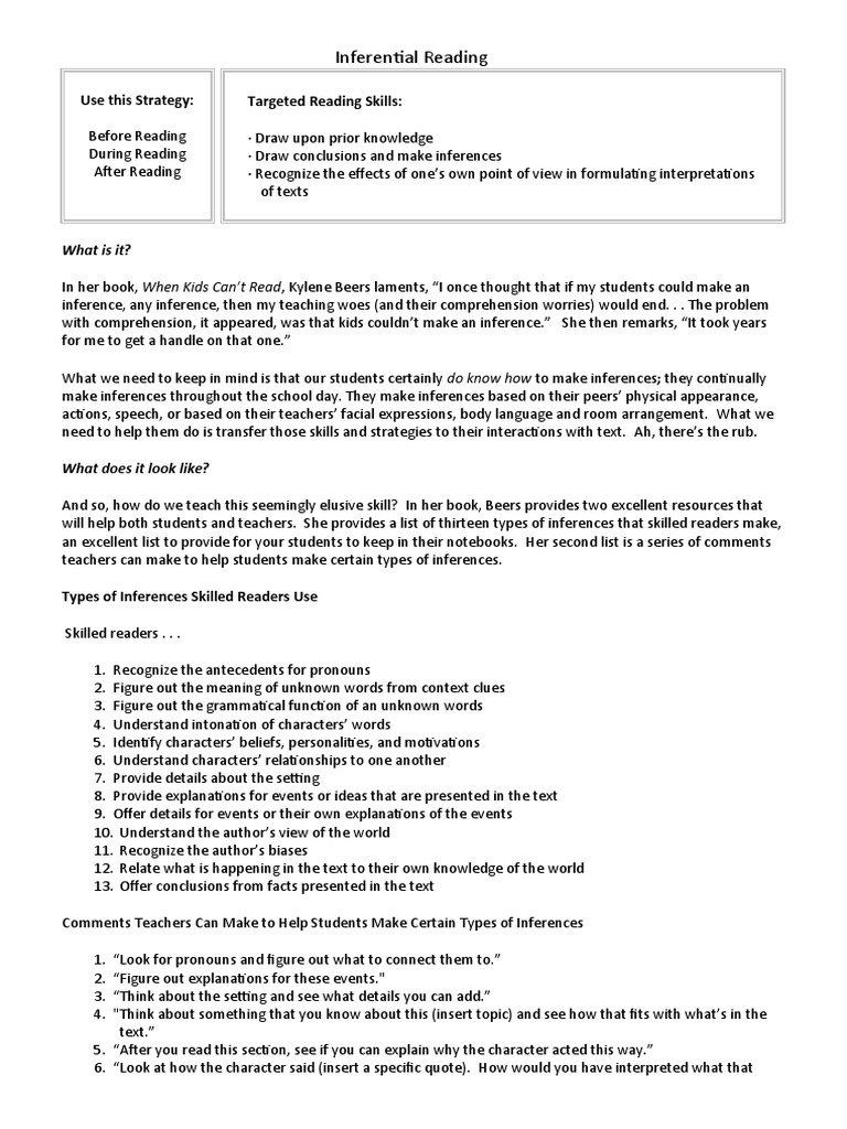Inferential Reading | PDF | Reading Comprehension | Inference