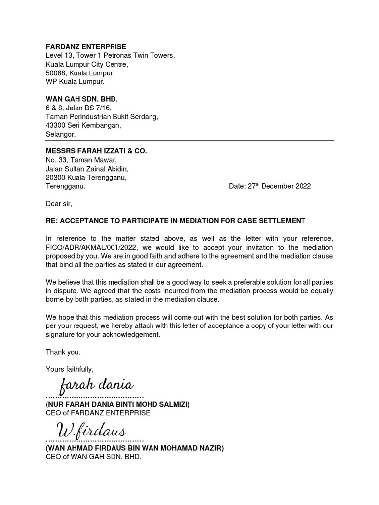 ADR - LETTER OF ACCEPTANCE TO MEDIATION finale | PDF