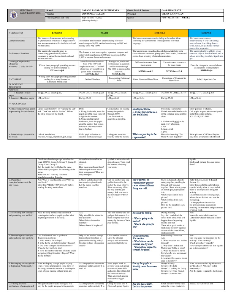DLL_Grade3_1stQuarter_WEEK3 | PDF | Learning | English Language