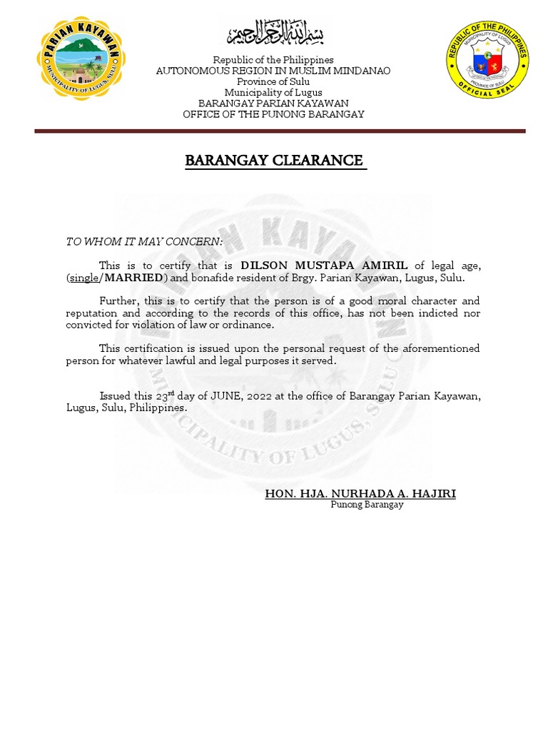 Barangay Clearance Certificate Sample | PDF