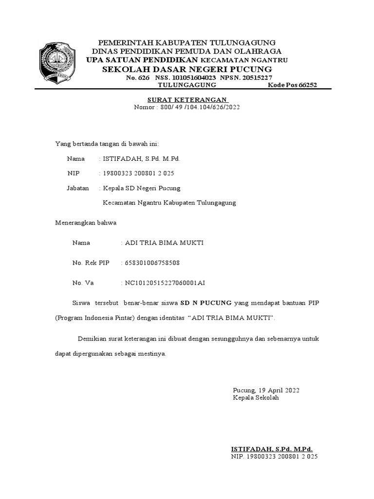 Surat Keterangan Pip Siswa | PDF