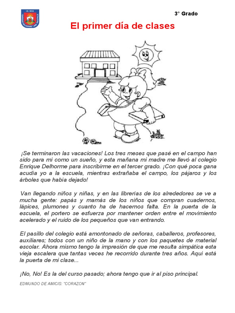 Mi Primer Día de Clases Lectura 3° | PDF | Estudios de idiomas extranjeros
