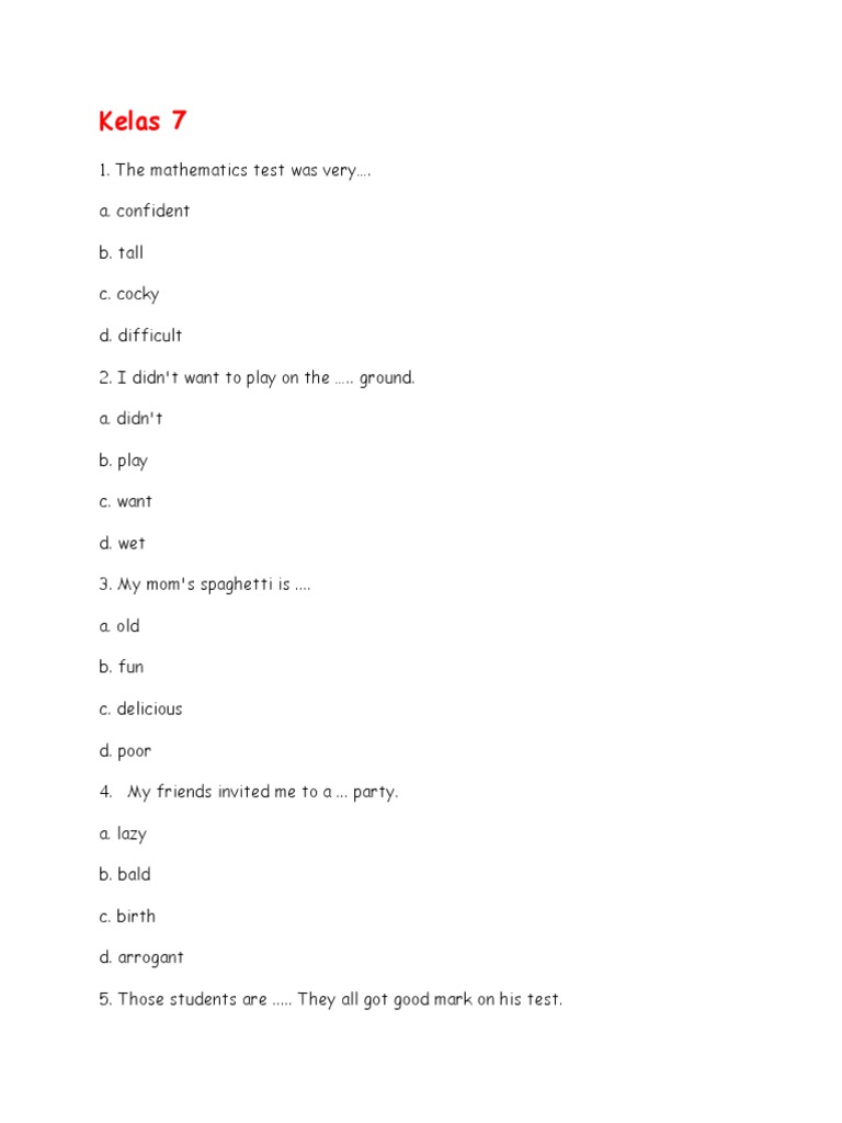 English Quiz for Middle Schoolers | PDF