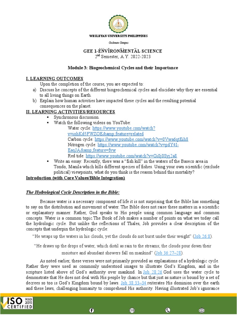 Gee 1-Environmental Science Module 3: Biogeochemical Cycles and Their Importance I. Learning ...