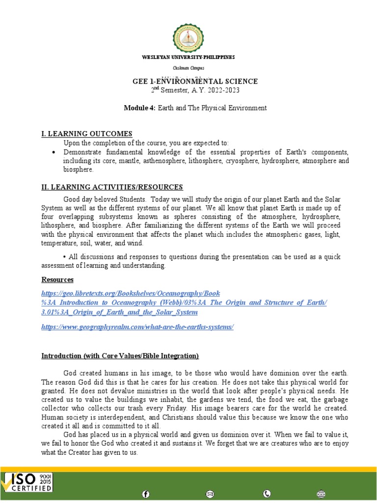 Gee 1-Environmental Science Module 4: Earth and The Physical Environment I. Learning Outcomes ...